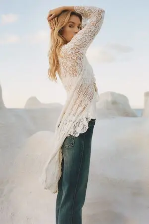 Anthropologie Lace Cardigan Top In Cloud White - 38% Off
